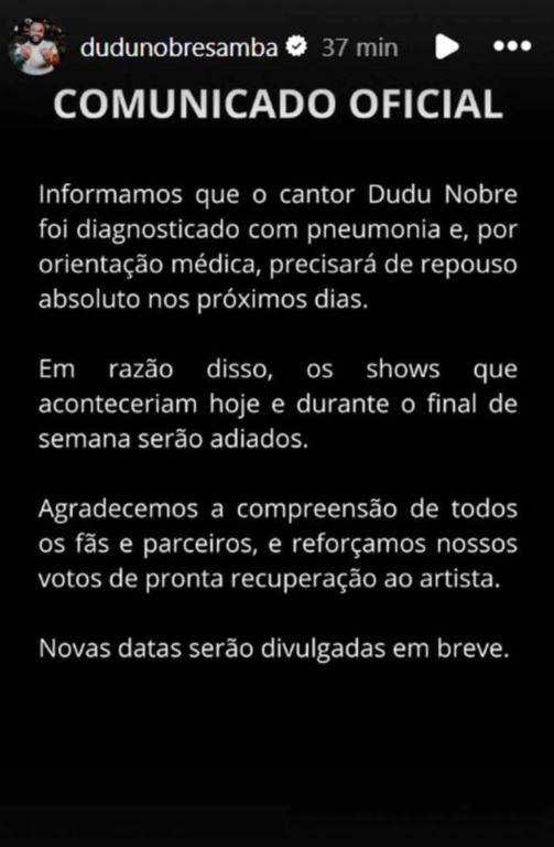 Dudu Nobre é internado após diagnóstico de pneumonia e cancela shows ...